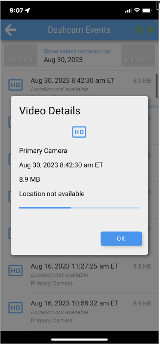 Retrieving Dashcam Video in the Blue Ink Tech app