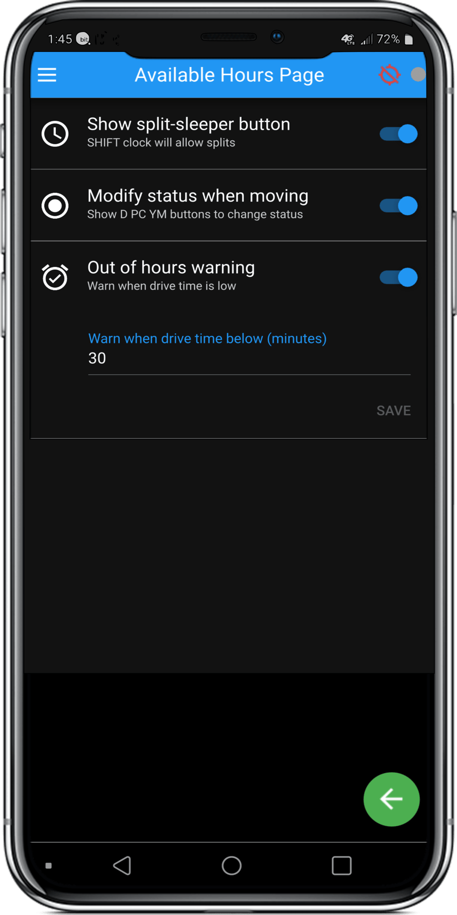 Out of Hours Warning in the BIT app