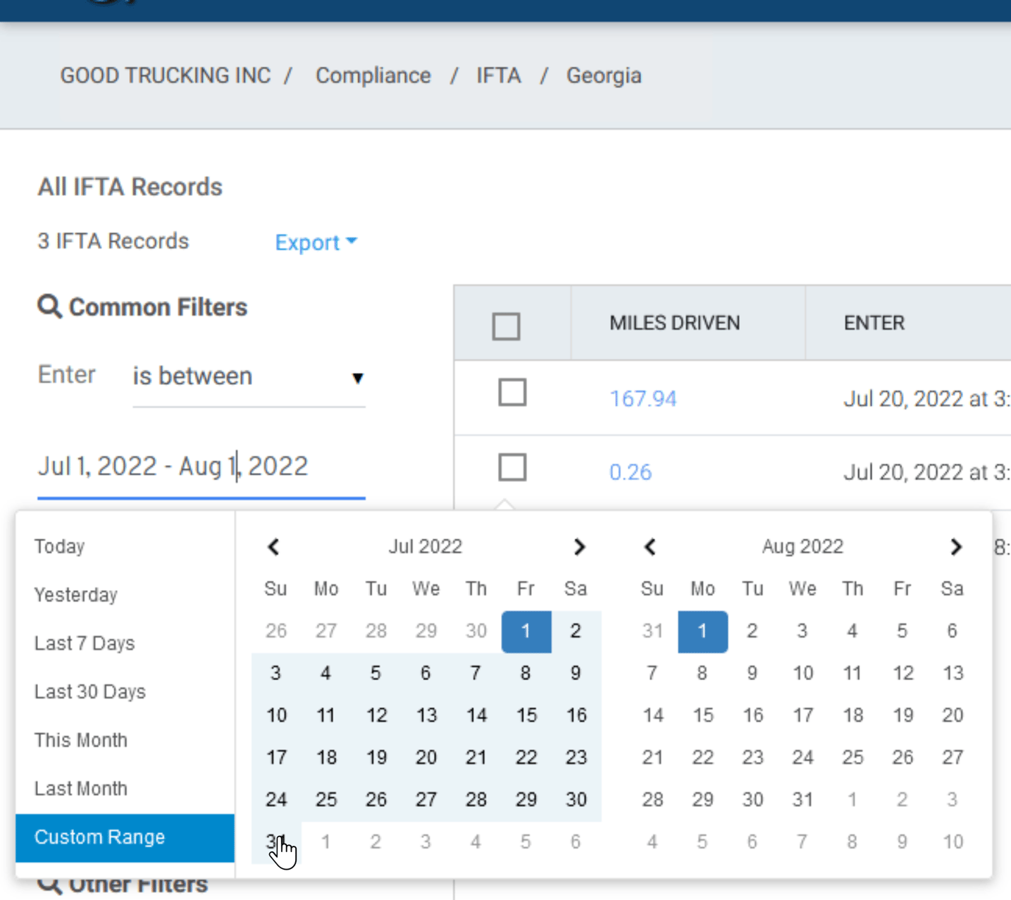 IFTA Mileage reports for specific dates