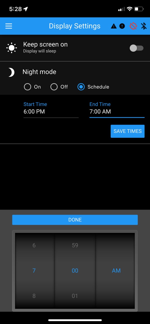Night mode settings in the BIT app