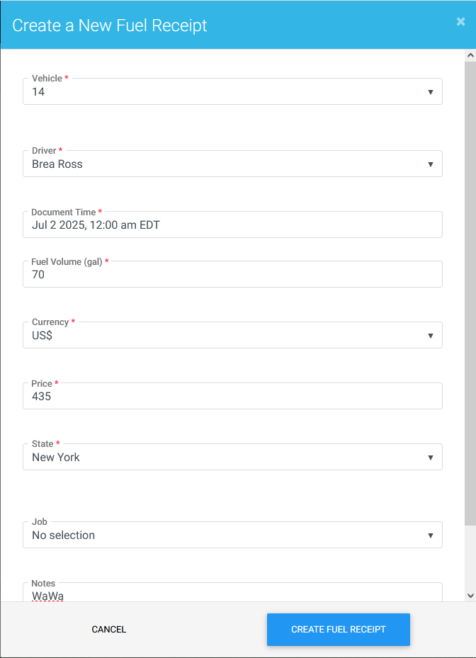 Adding Fuel Receipts on the website